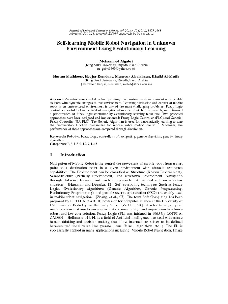 Self Learning Mobile Robot Navigation In Unknown Environment Using Evolutionary Learning Pdf
