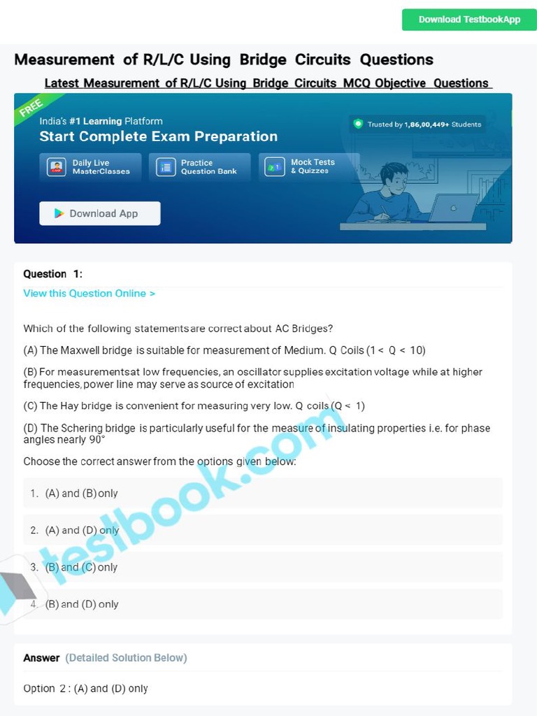 MCQ On Measurement of RLC Using Bridge Circuits ...