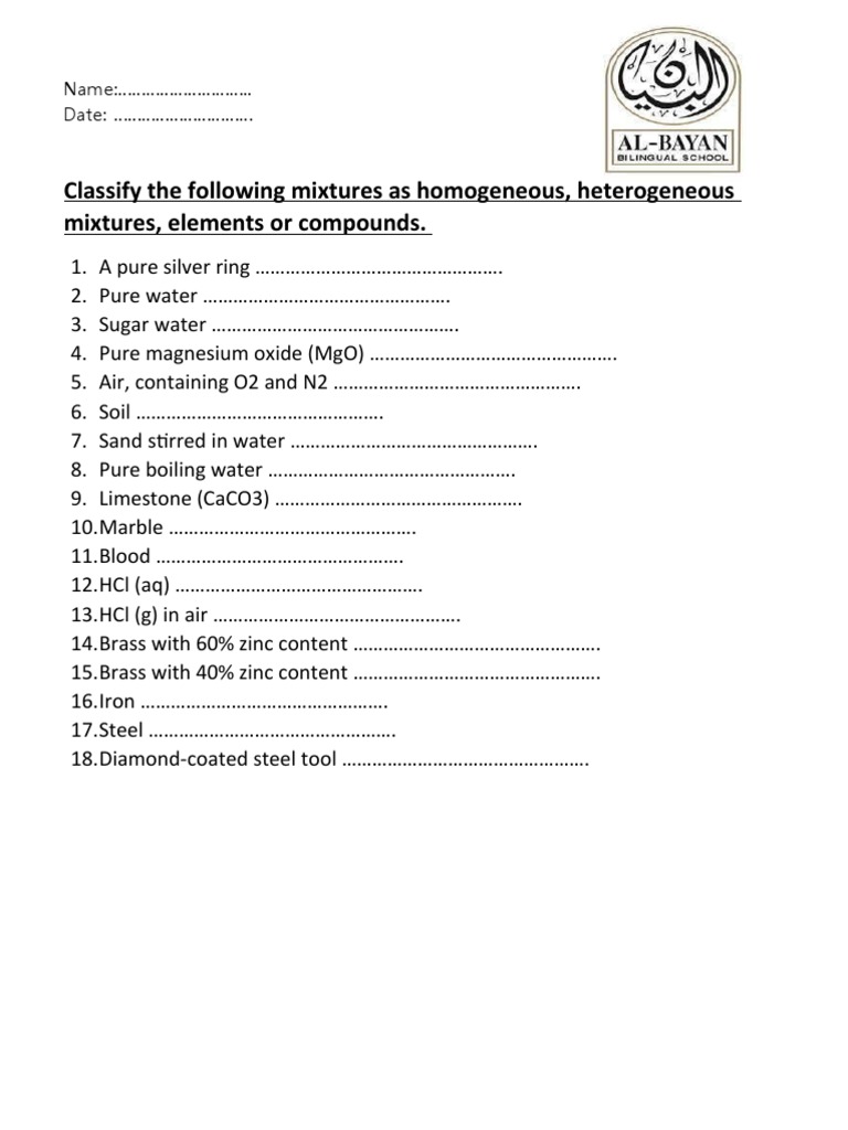 Heterogeneous Mixture Homogeneous Mixture Worksheet | PDF | Art ...