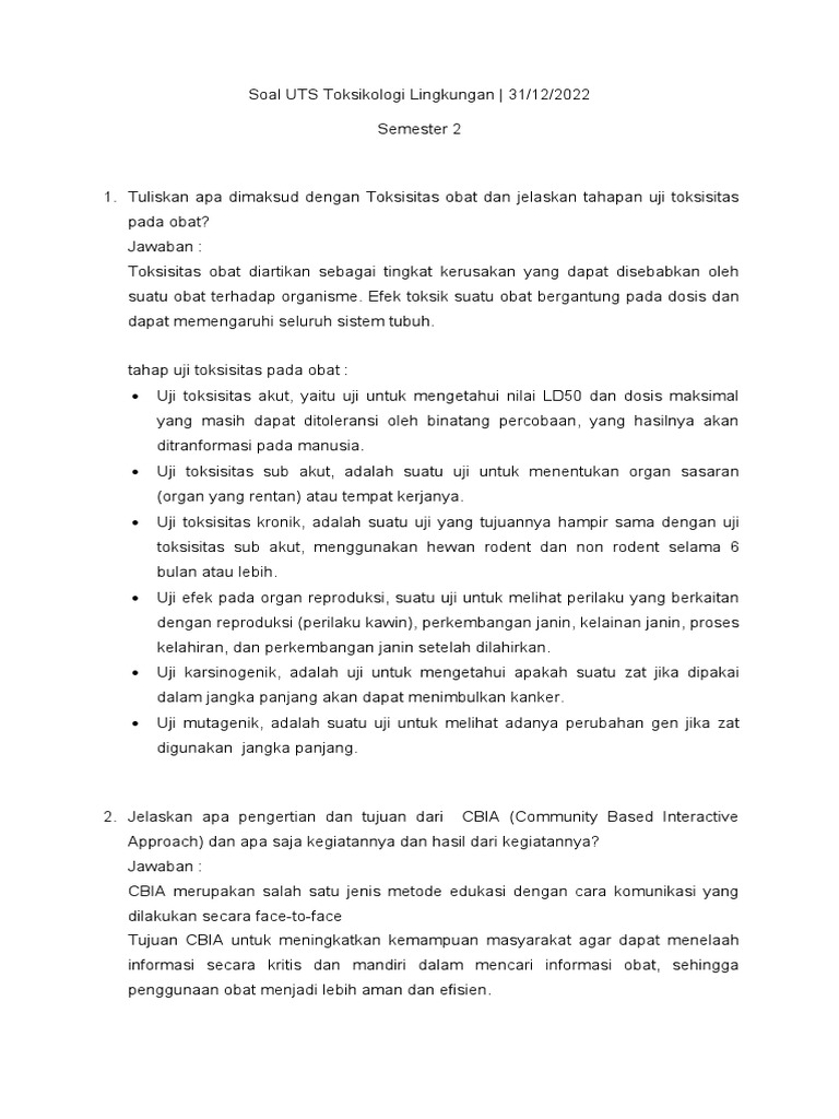 UTS Toksikologi Lingkungan: Soal & Jawaban | PDF | Kesehatan Holistik