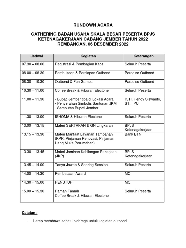 Rundown Gathering BPJS Ketenagakerjaan 2022 | PDF