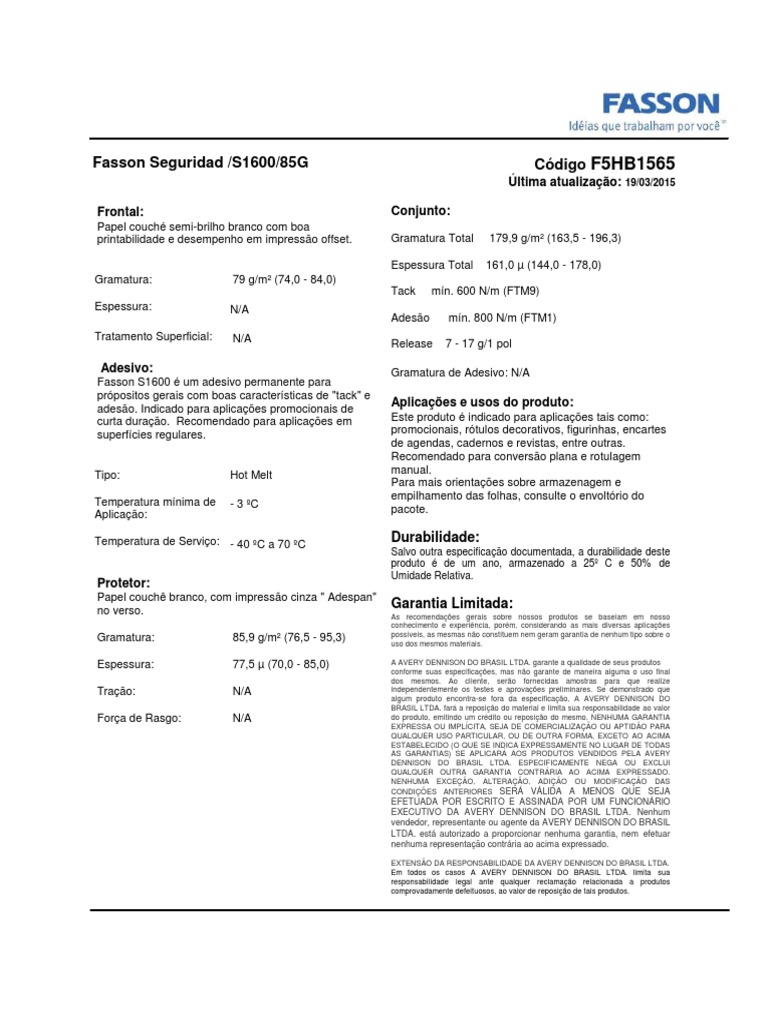 Papel Fasson S1600: Especificações e Usos | PDF