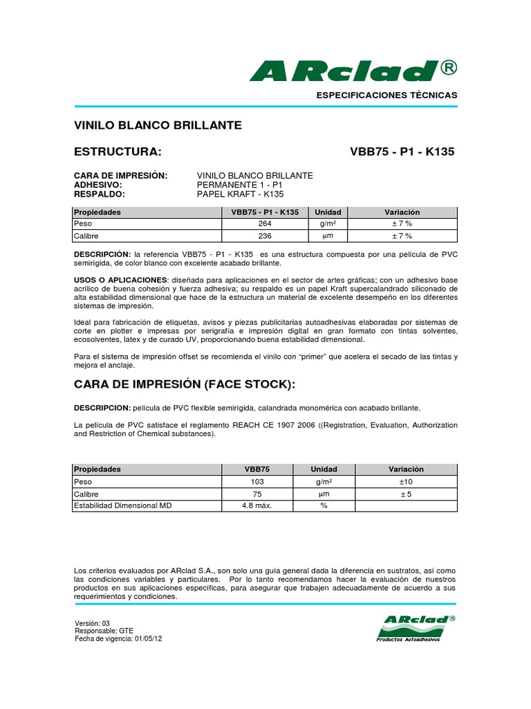 Especificaciones técnicas de un vinilo blanco brillante para impresión | PDF | Cloruro de ...