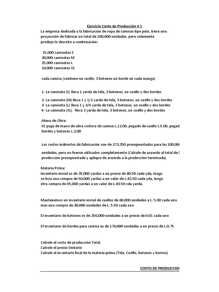 Ejercicio Costo Produccion 1-2 | PDF
