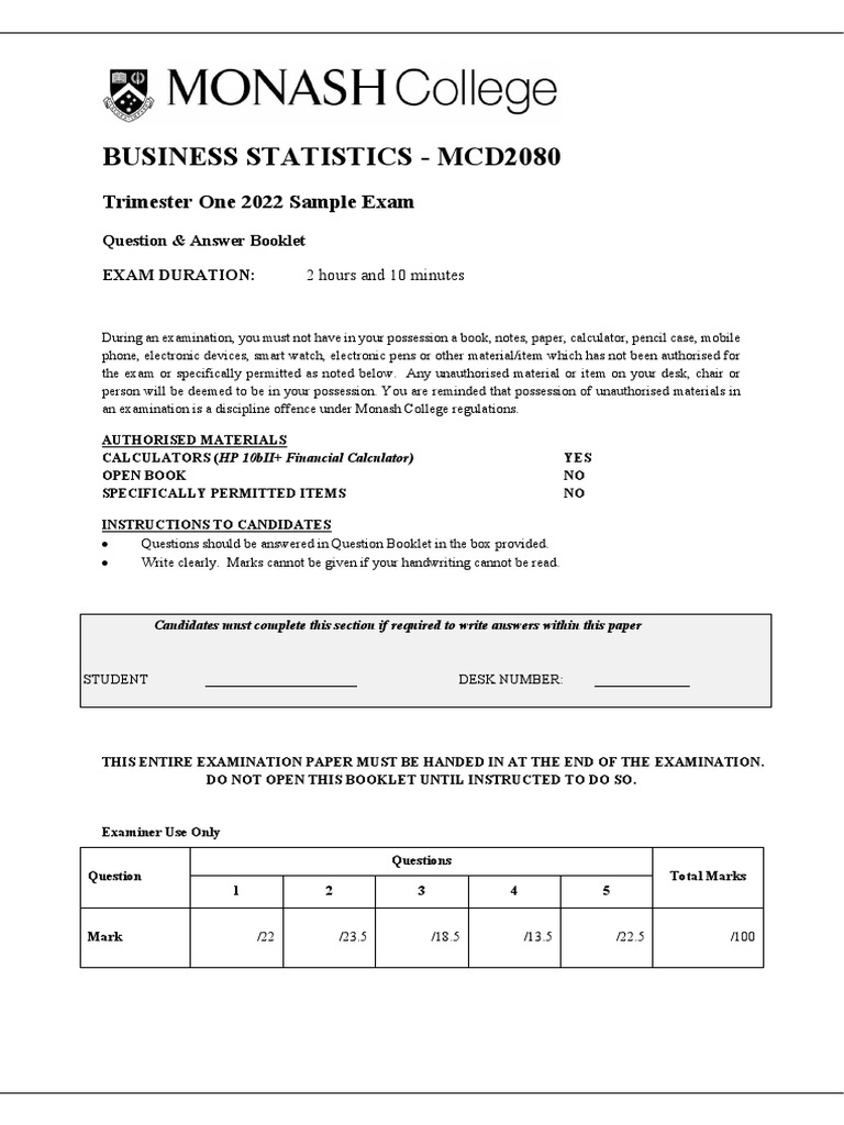 MCD2080 Exam T2 2022 Sample-Questions 1 | PDF | Errors And Residuals | Coefficient Of Variation