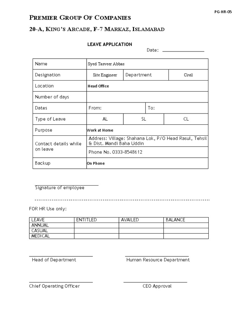 Four Day Leave Application Form | PDF