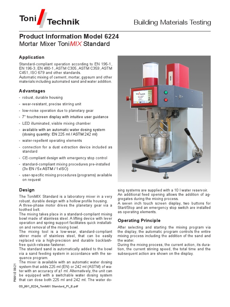 ToniMIX Standard Mortar Mixer Specs | PDF | Touchscreen | Mortar (Masonry)