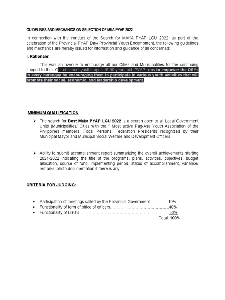 Guidelines and Selection Criteria for Choosing the Best Maka PYAP LGU ...
