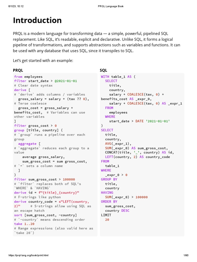 PRQL Language Book | PDF | Parameter (Computer Programming) | Sql