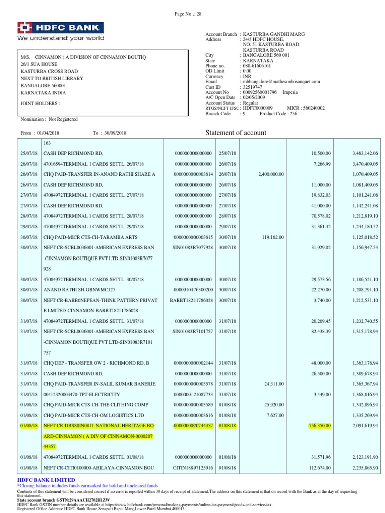 Statement of Account: HDFC Bank Limited | PDF | Payments | Banking ...
