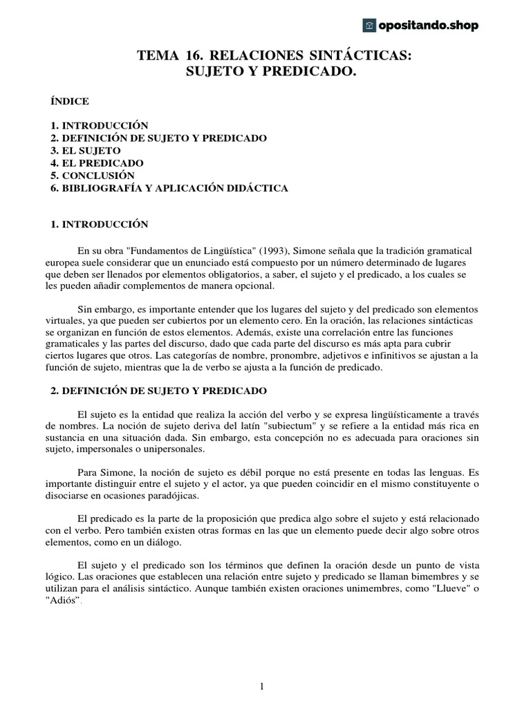Tema 16. Sujeto y Predicado | PDF | Predicado (Gramática) | Asunto (gramática)