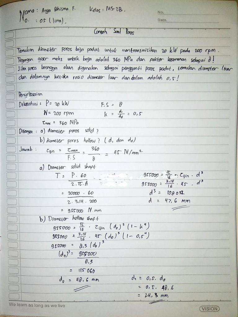Tugas Elemen Mesin Contoh Soal Poros | PDF