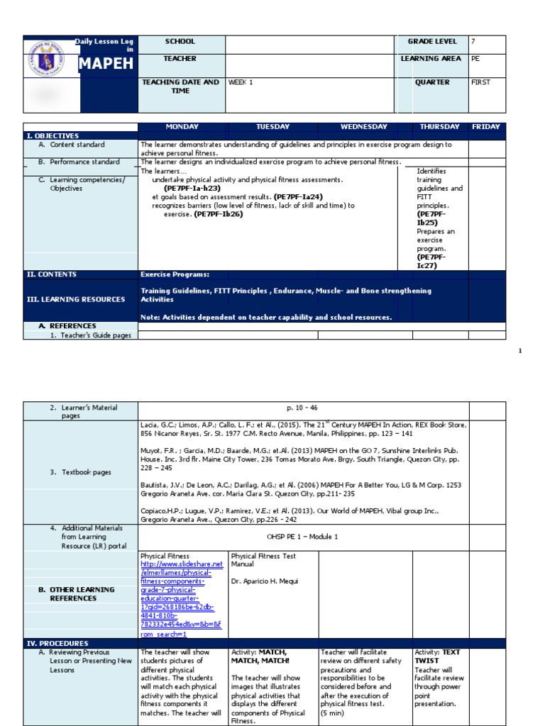 Grade 7 MAPEH PE Daily Lesson Plan | PDF | Physical Fitness | Teachers