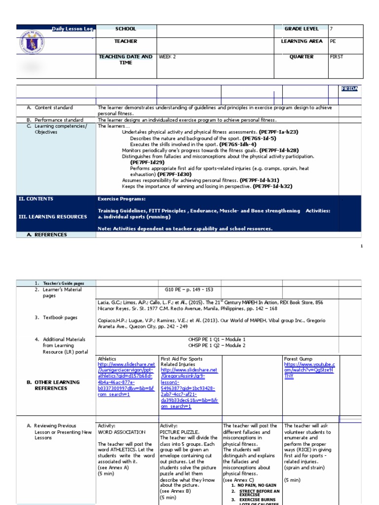 Q1 Grade 7 Pe Dll Week 2 Download Free Pdf Running Teachers