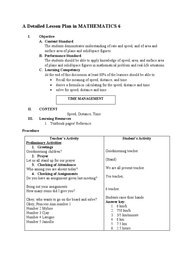 A Detailed Lesson Plan in MATHEMATICS 6 Day 2 | PDF | Speed | Distance