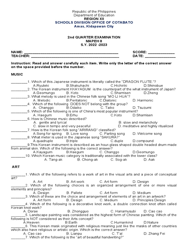 MAPEH 8 EXAM 2nd Quarter | PDF