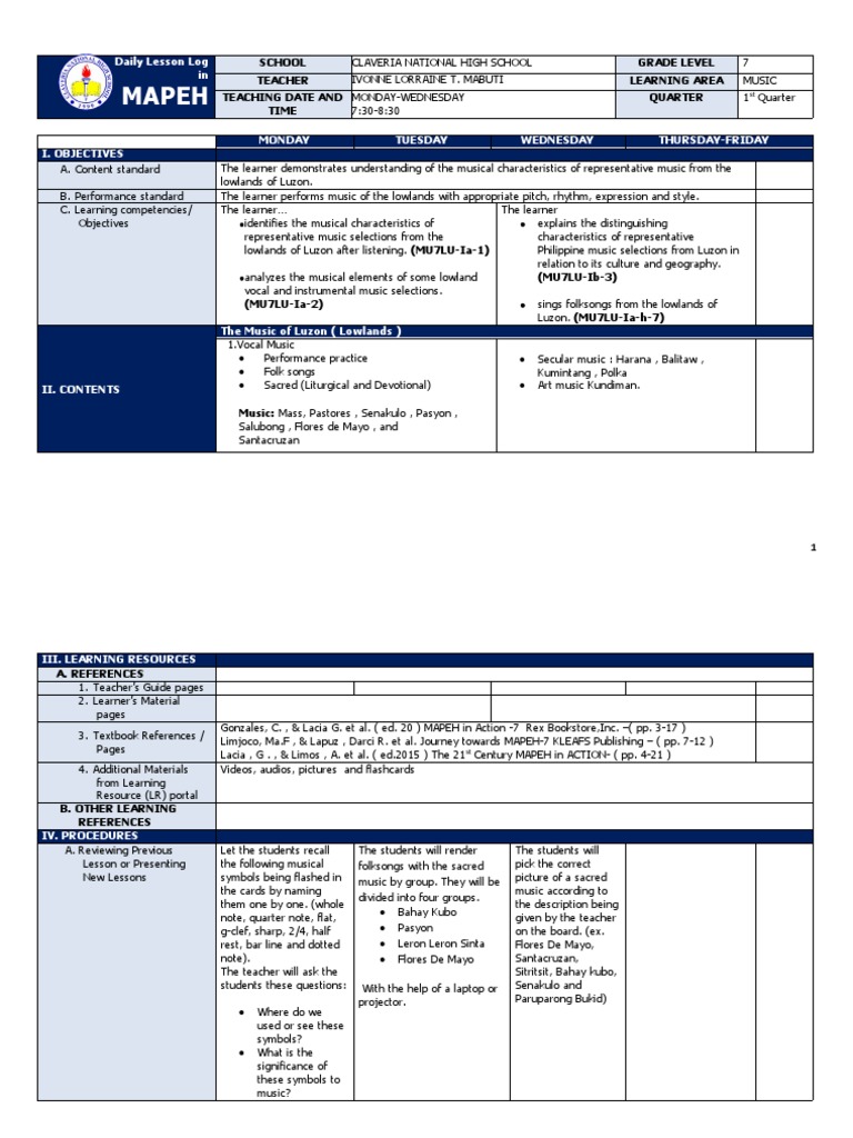 Daily Lesson Log for Music Class at Claveria National High School | PDF | Learning | Behavior ...