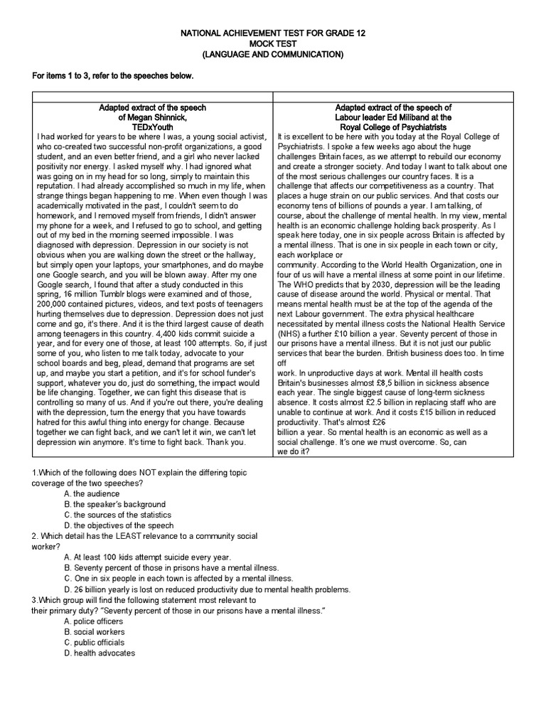 NAT FOR GRADE 12 (MOCK TEST) Language and Communication | PDF ...