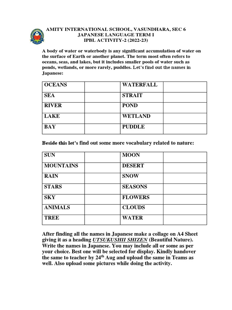 AISV6 - VI - Japanese - IPBL Activity 2 - Water Bodies | PDF