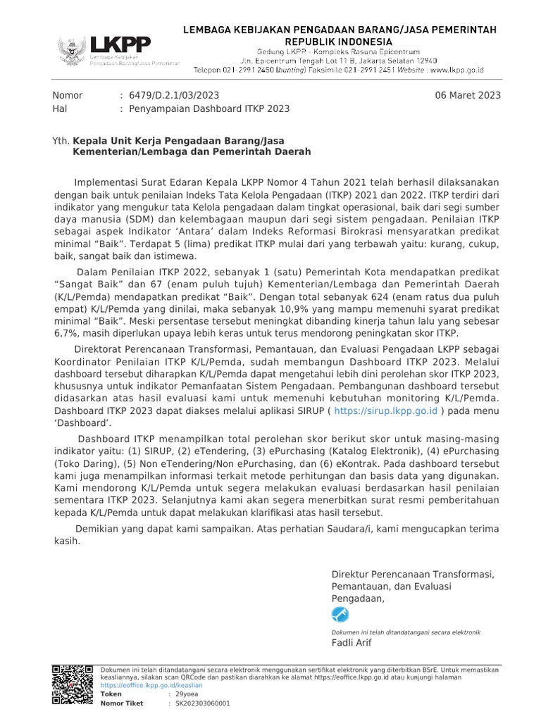 Surat Direktur PTPEP LKPP Pemberitahuan Dashboard ITKP 2023 PDF | PDF