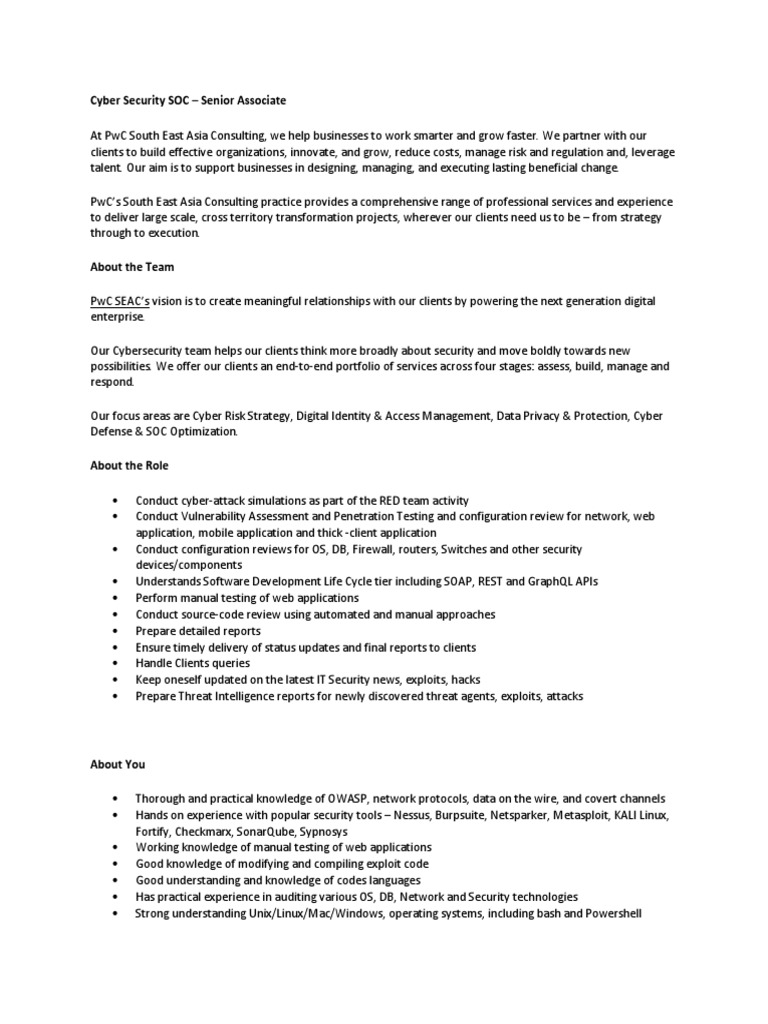 Job Description - Cyber Security SOC Senior Associate | PDF | Security ...