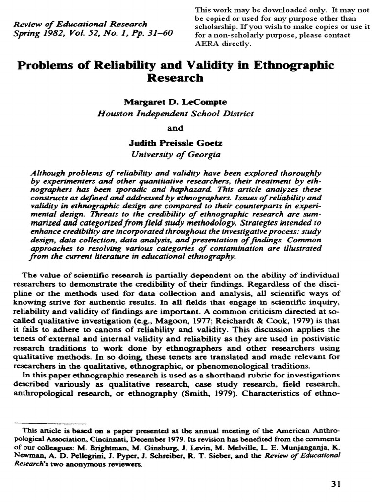 LeCompte - Problems of Reliability and Validity in Ethnographic Research | PDF | Ethnography ...