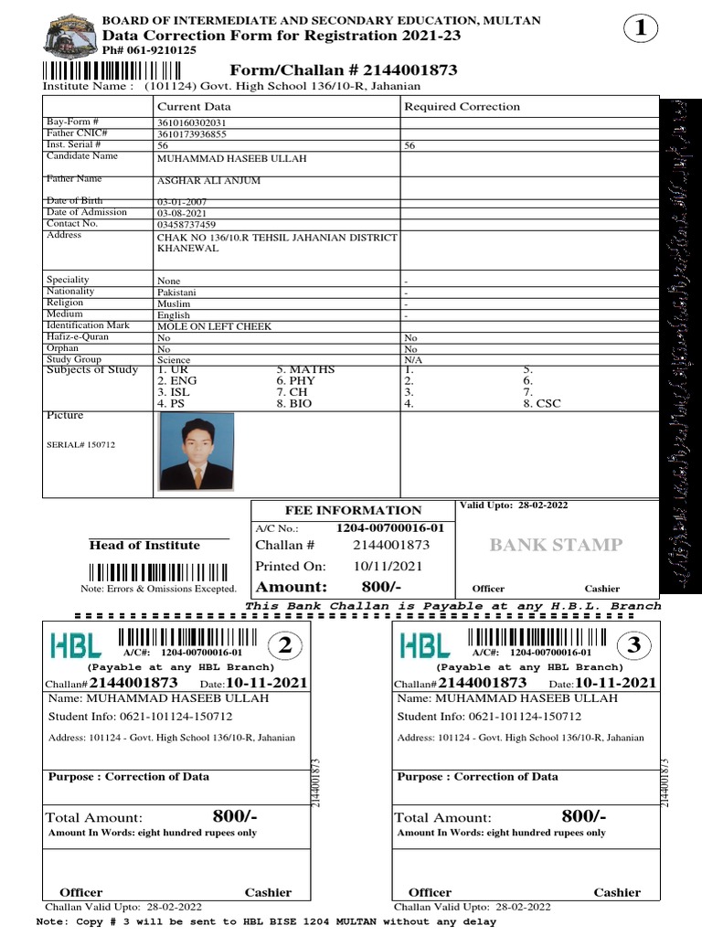 Form/Challan # 2144001873: Data Correction Form For Registration 2021-23 | PDF