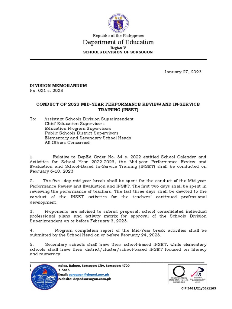 Memo For 2023 Inset | PDF