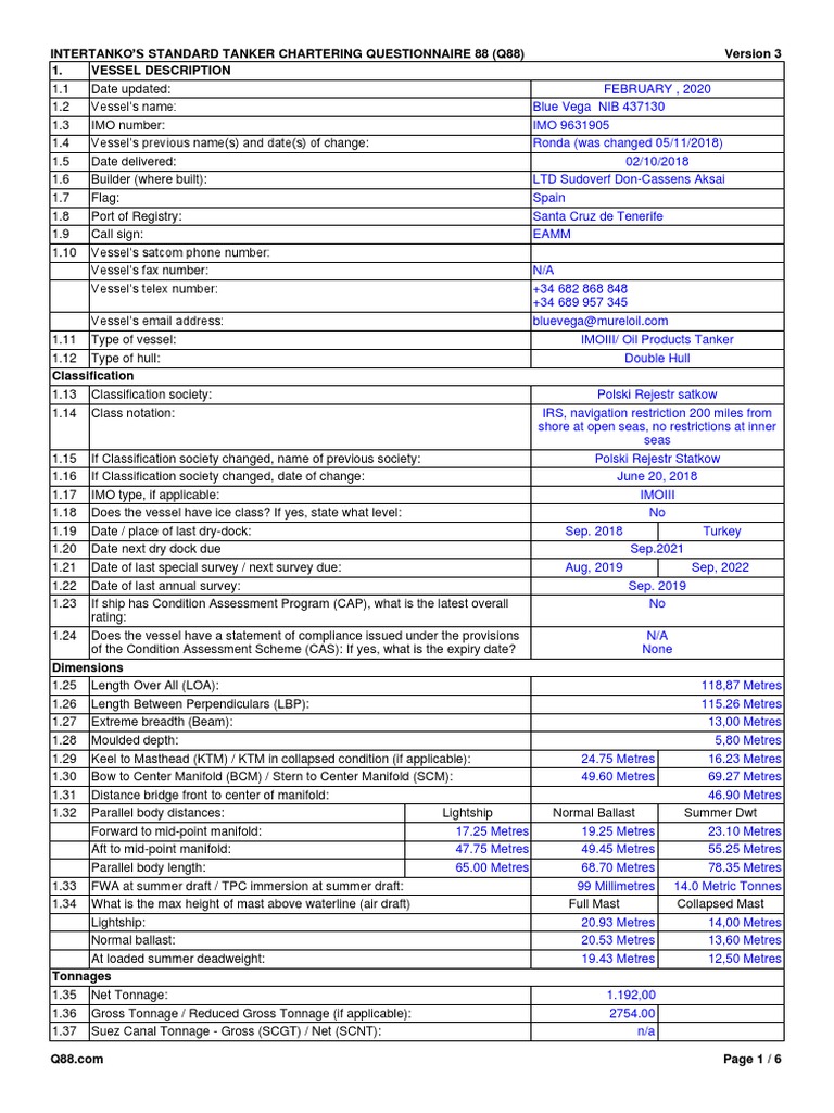 q88 Blue Vega tcm14-198843 | PDF | Oil Tanker | Tonnage