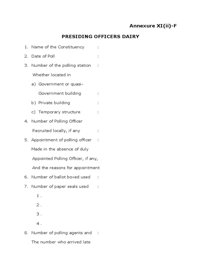Presiding Officer Poll Diary Template | PDF | Polling Place | Electoral ...
