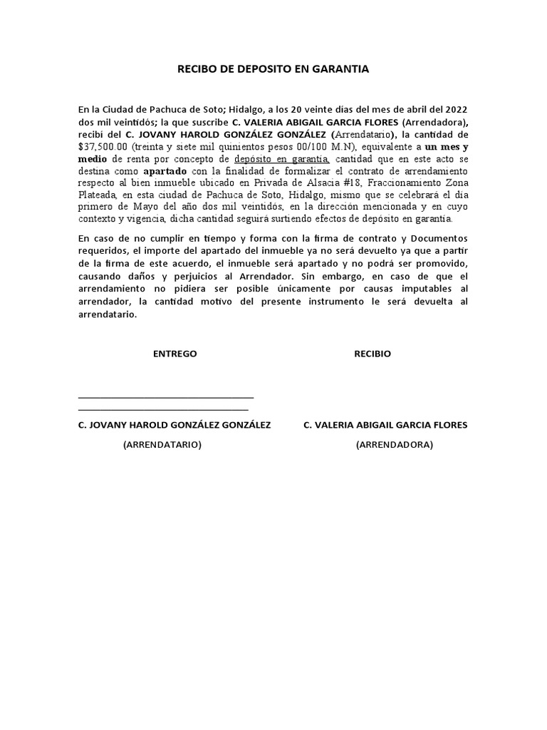 RECIBO DE DEPOSITO EN GARANTIA.docx | PDF