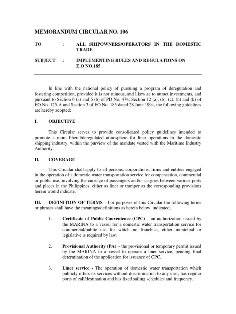 Marina Memorandum Circular No. 106 (1995) | PDF | Cargo | Working Capital