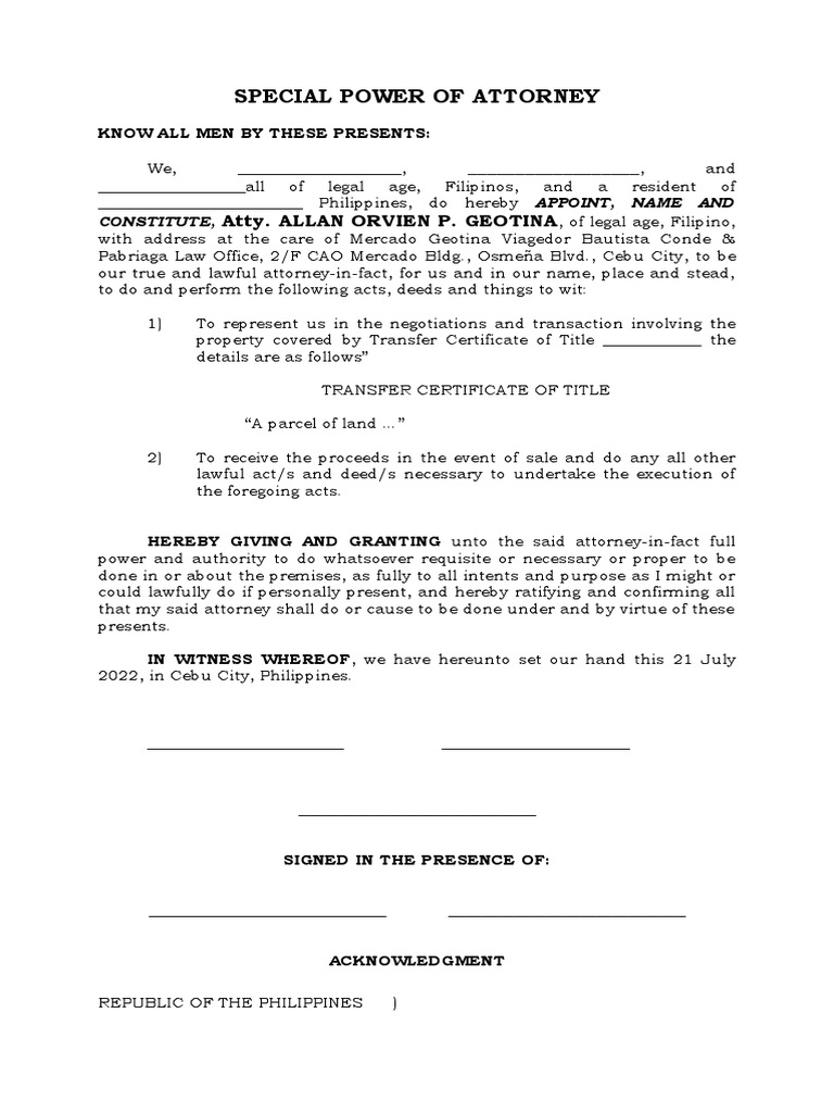 SPA - Sample Form | PDF | Power Of Attorney | Deed