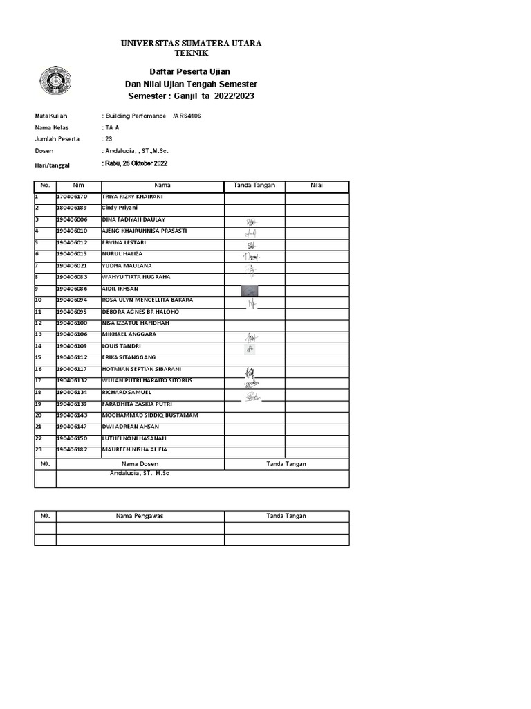 Daftar Nilai UTS Building Performance | PDF