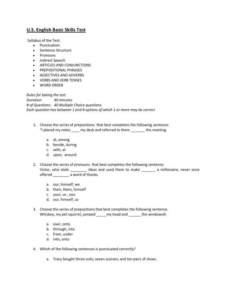 Basic English Skills Assessment | PDF | Career & Growth