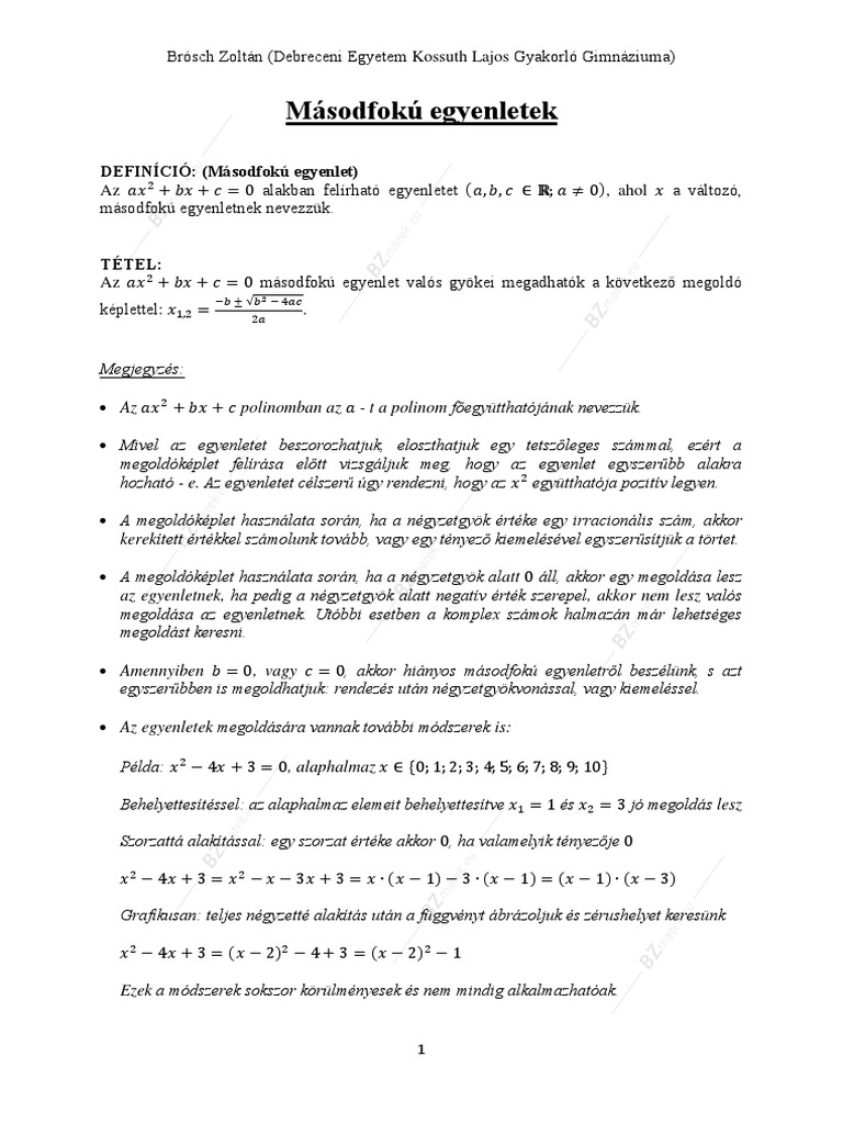 Egyenletek VIII. Masodfoku Egyenletek E 1 PDF | PDF