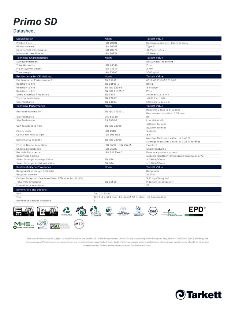 DS Tarkett Primo - SD en - INTL | PDF | Nature | Chemistry