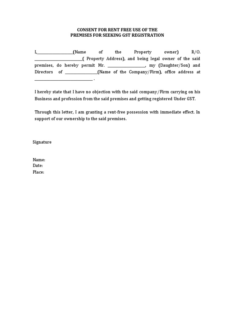 Consent For Rent Free Use of The Premises For Seeking GST Registration ...