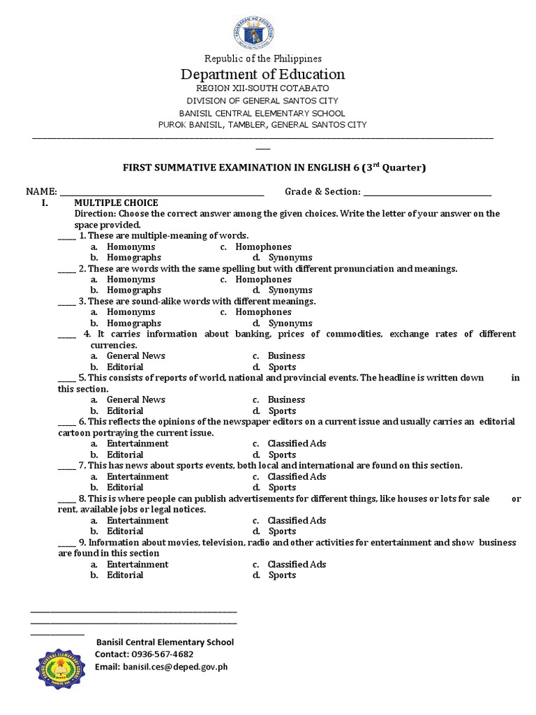 English 6 Summative Exam - Banisil Central | PDF | Linguistics ...