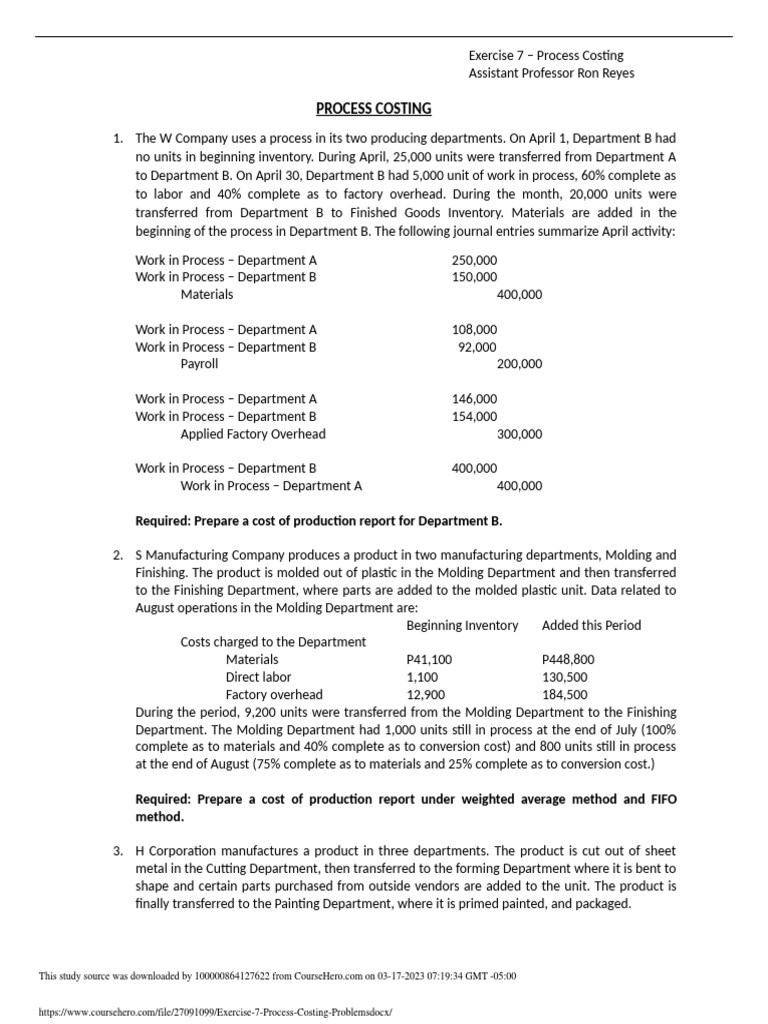 Exercise 7 Process Costing Problems | PDF | Inventory | Soft Drink