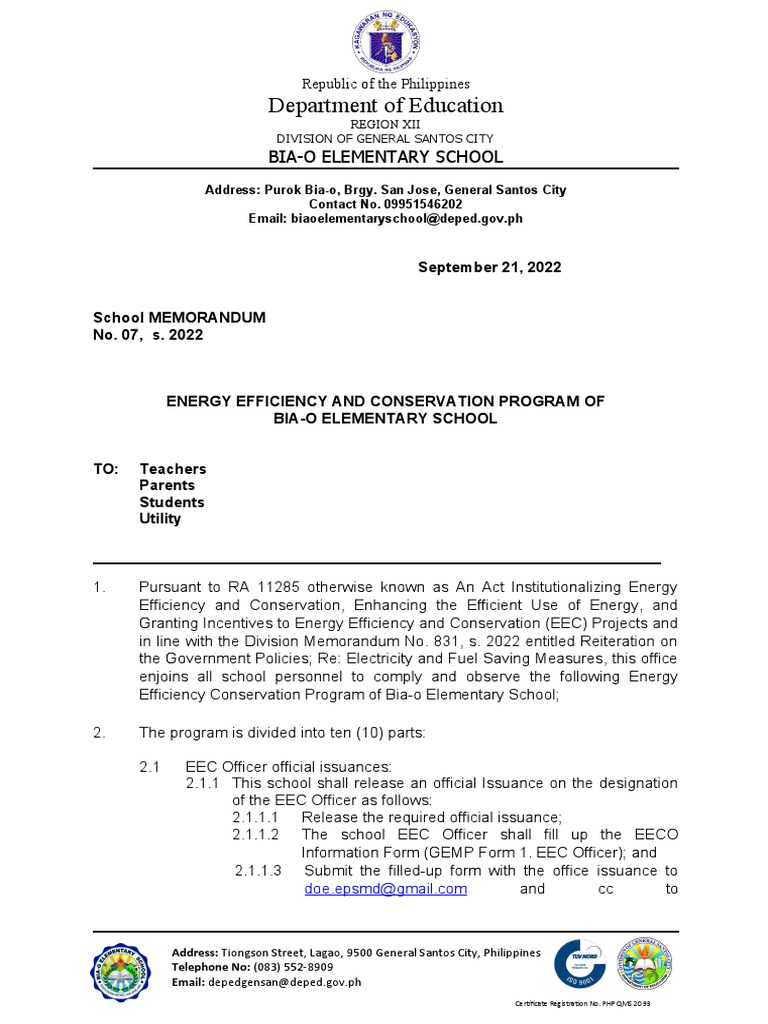 Bia-O Elementary School Energy Program | PDF | Energy Conservation