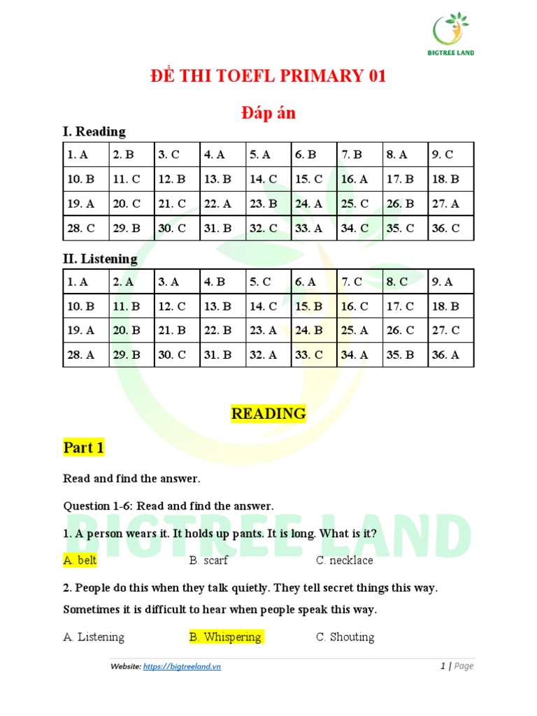3. KEY - ĐỀ THI TOEFL PRIMARY 1 | PDF | Venus | Earth
