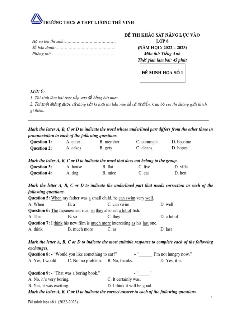 ĐỀ MINH HỌA VÀO 6 LTV | PDF