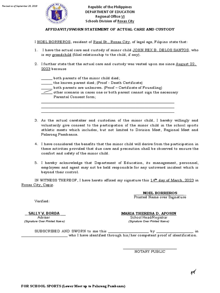 SWORN STATEMENT OF ACTUAL CARE AND CUSTODY Revised | PDF | Common Law | Family