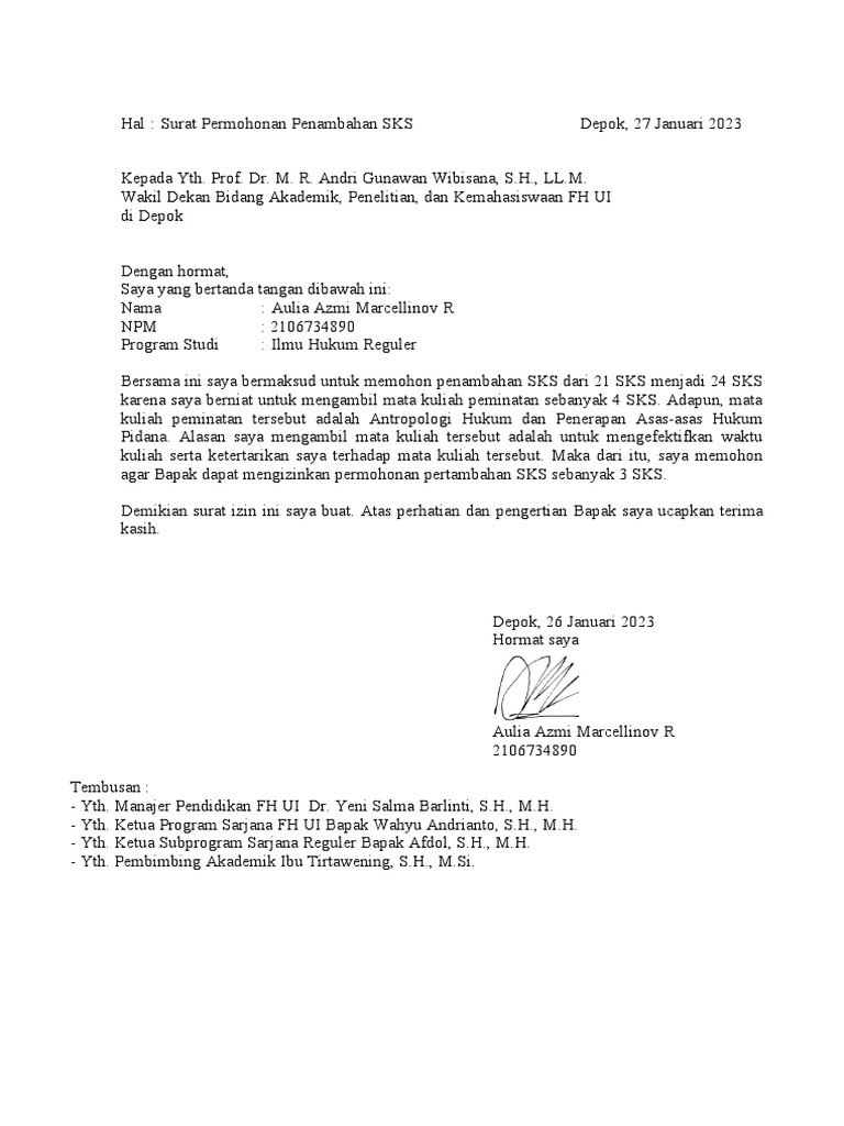 Surat Permohonan Penambahan SKS Aulia Azmi | PDF