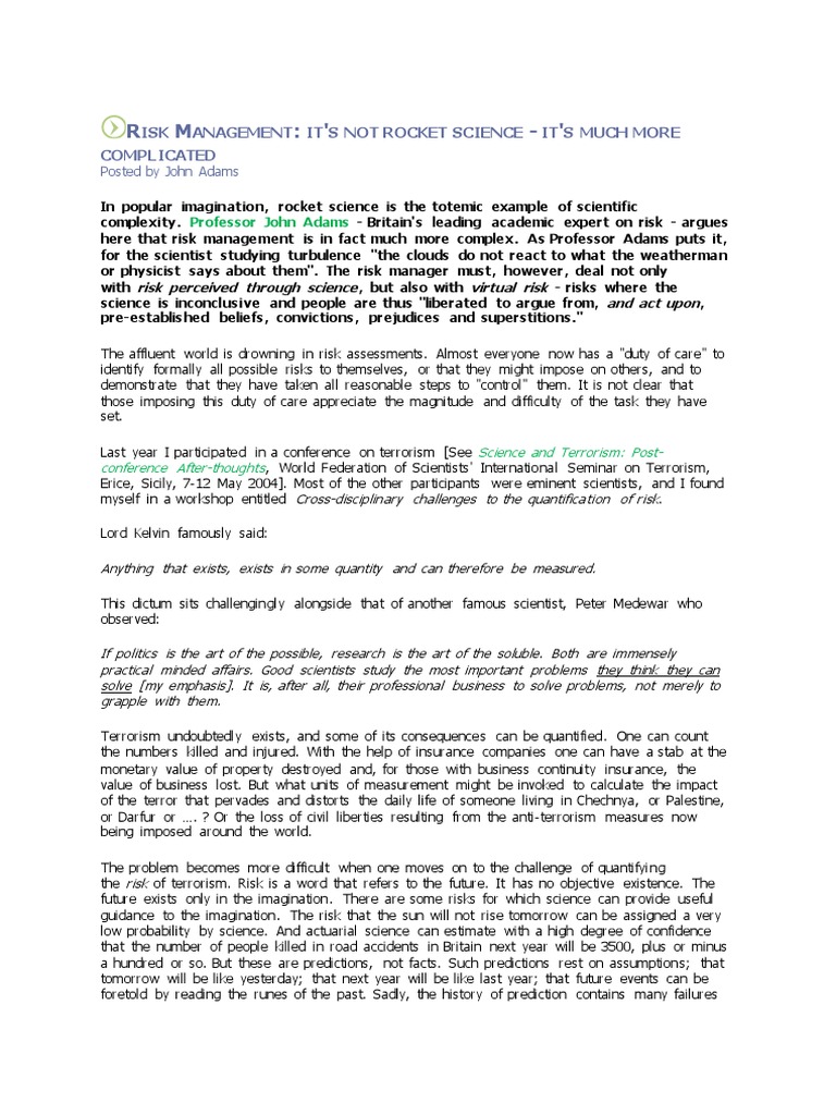 Adams, J (2007) Risk Management - Its Not Rocket Science, Its Much More ...