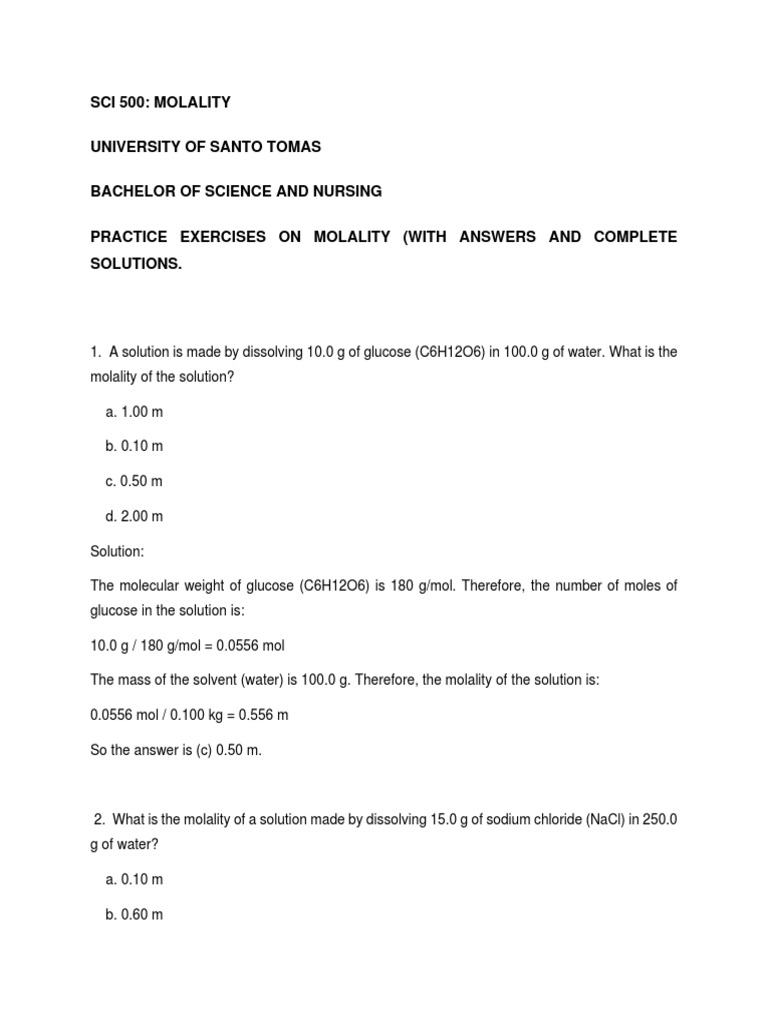 Practice Exercises (Molality) PDF | PDF | Mole (Unit) | Potassium Chloride