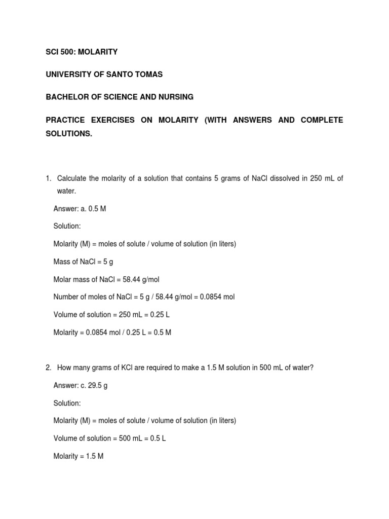 Molarity Calculation Exercises | PDF | Mole (Unit) | Molar Concentration