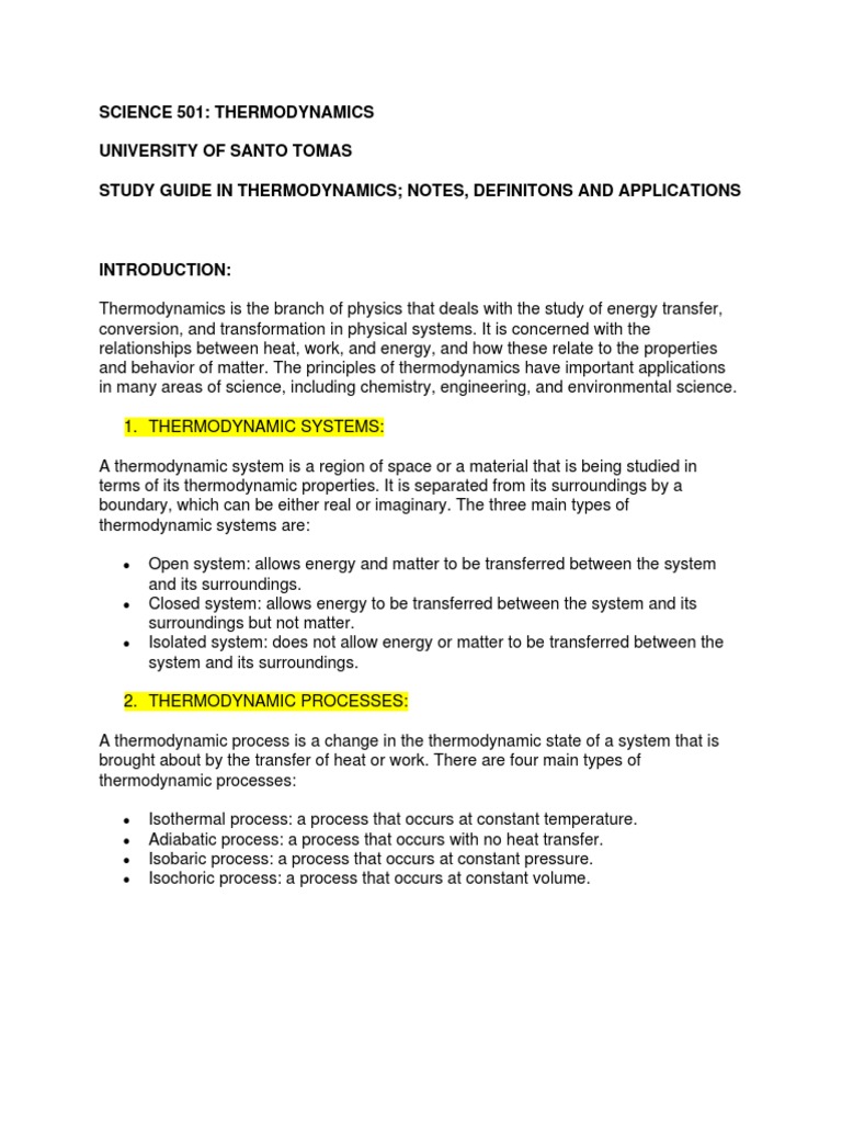 Science 501 (Study Guide On Thermodynamics) PDF | PDF