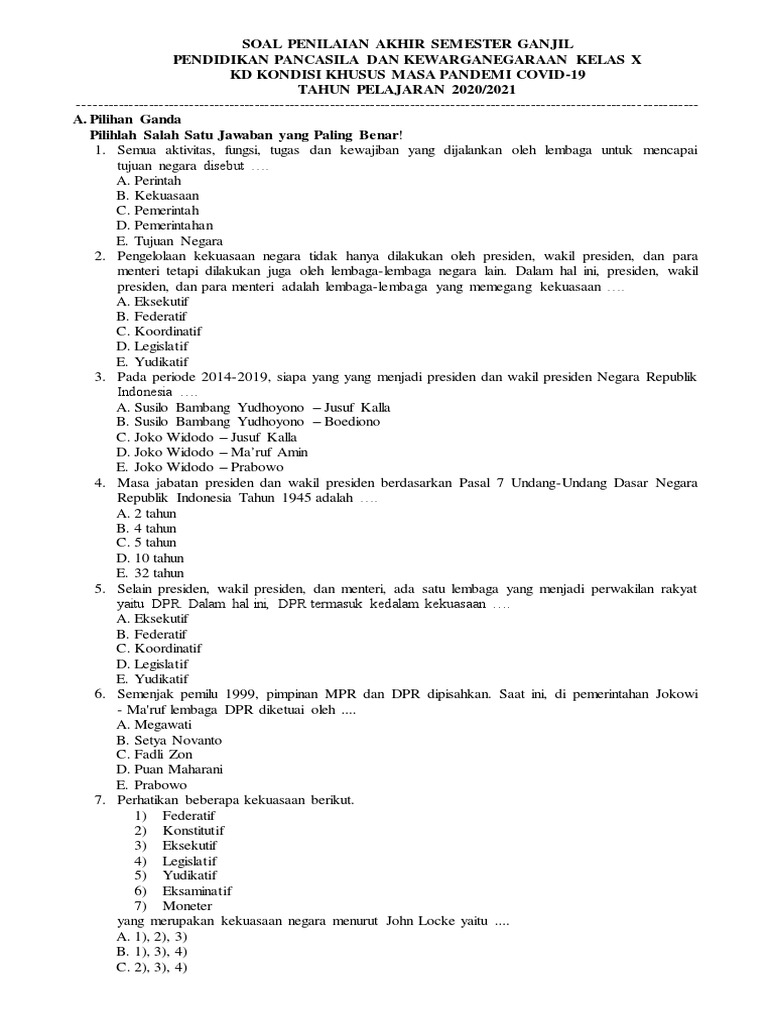 Soal PAS PPKN Masa Pandemi KD Khusus Kelas X 2020-2021 | PDF